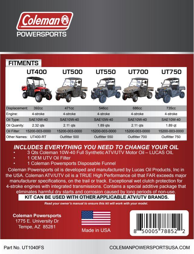 Coleman UTV Oil Change Kit