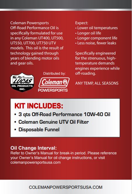 Coleman UTV Oil Change Kit